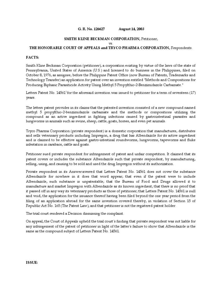 IPL Smith Kline Beckman Corp. v. Court of Appeals | PDF | Patent ...