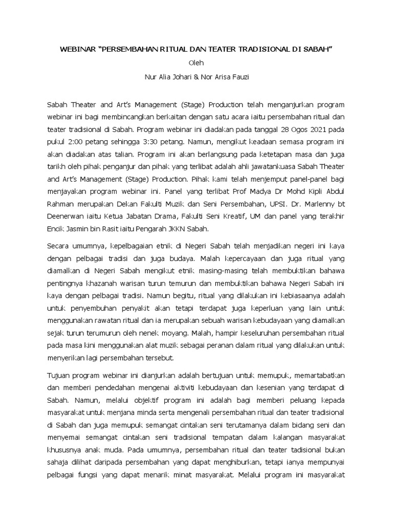 Artikel Program Webinar Persembahan Ritual Dan Teater Tradisional | PDF