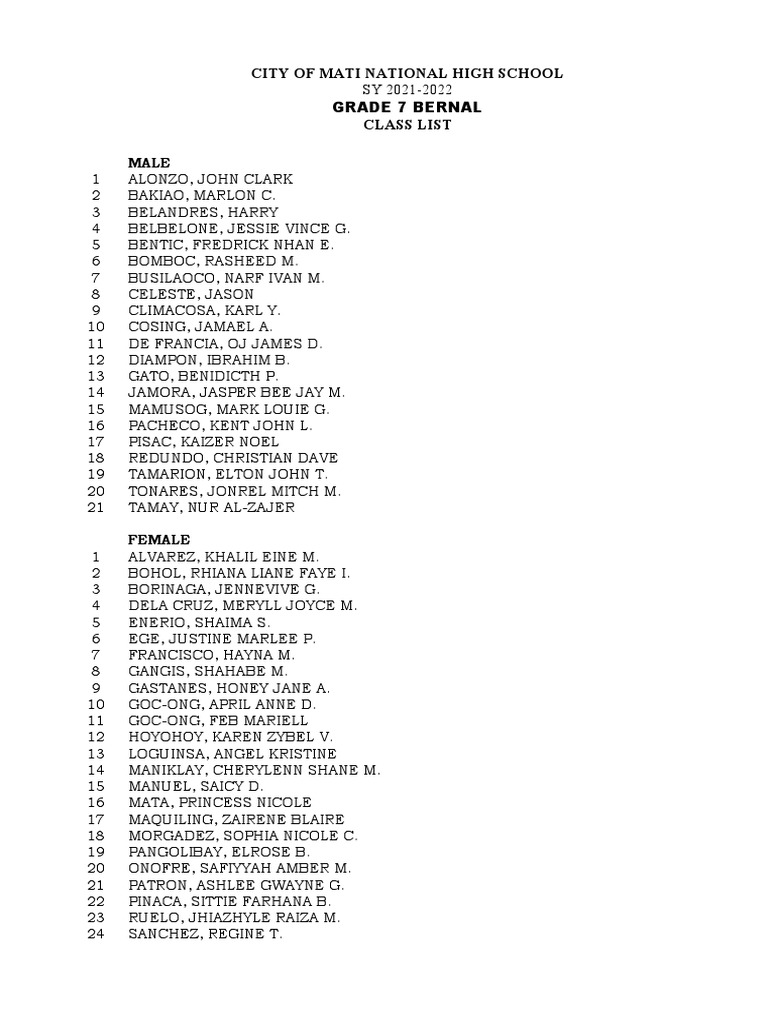 Grade 7 Bernal Class List | PDF