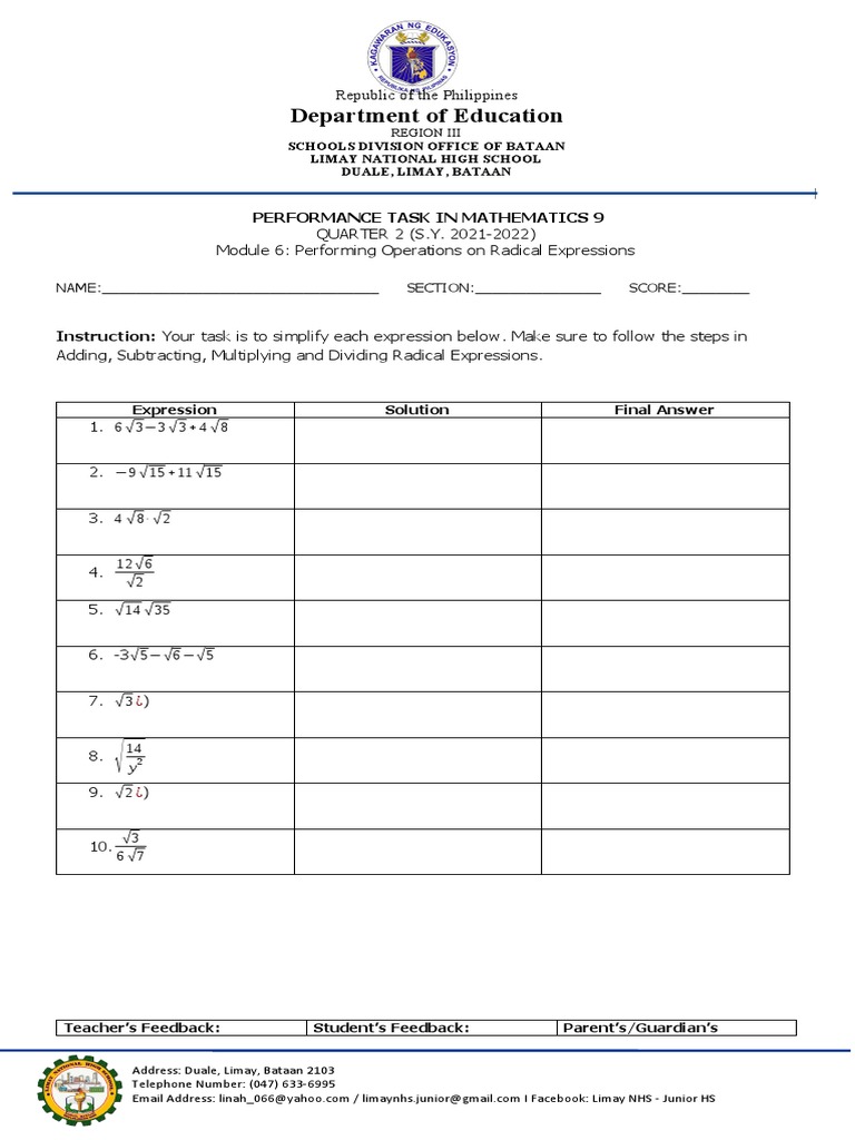Performance Task in Mathematics 9: Simplifying Radical Expressions ...