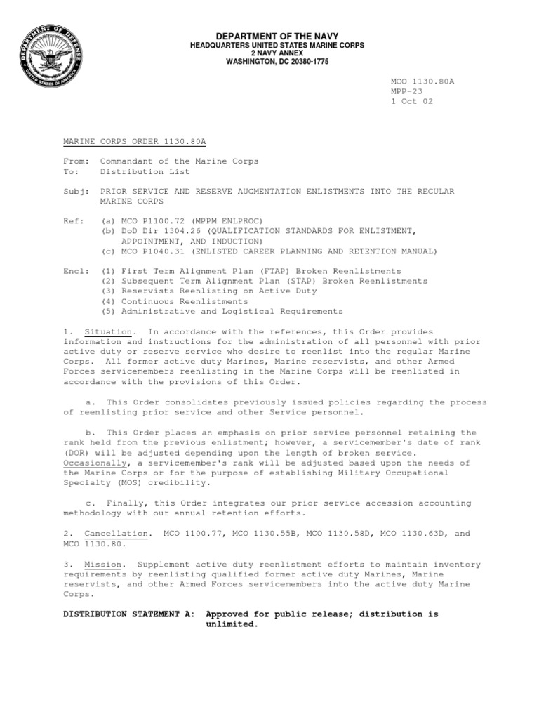 Mco 1130.80a | PDF | United States Marine Corps | Military Discharge