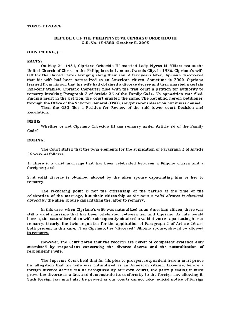 People vs. Orbecido Iii Case Digest | PDF | Naturalization | Divorce