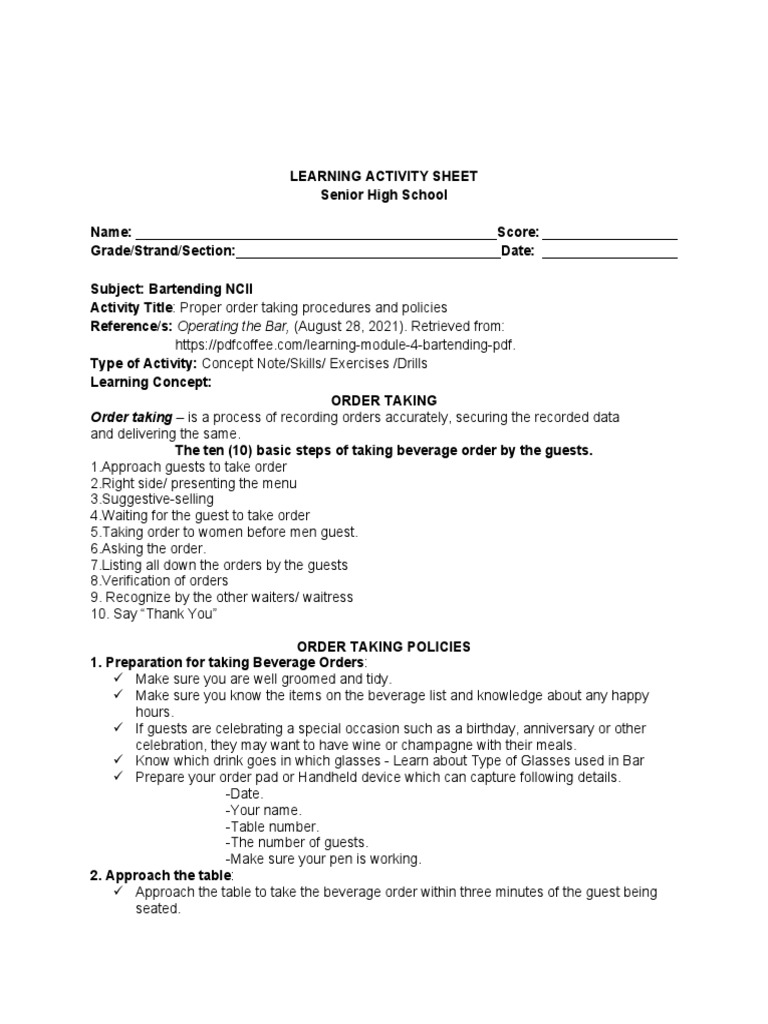 Proper Order Taking Procedures and Policies Bartending NCII | Download ...
