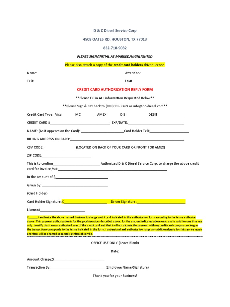 DC Credit Card Auth Form | PDF | Credit Card | Service Industries