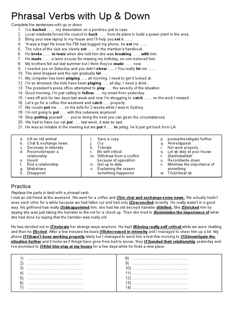 Student Handout Phrasal Verbs With Up Down | PDF