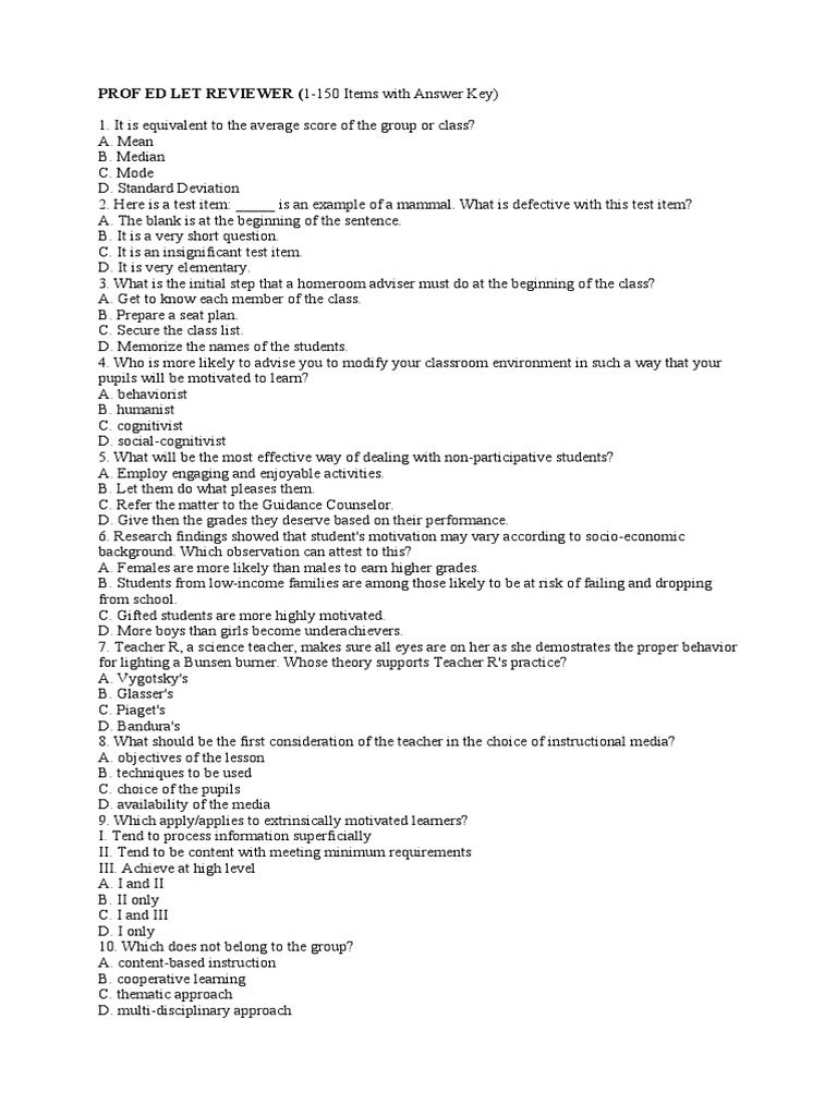 PROF ED LET REVIEWER (1-150 Items With Answer Key) | PDF | Learning ...