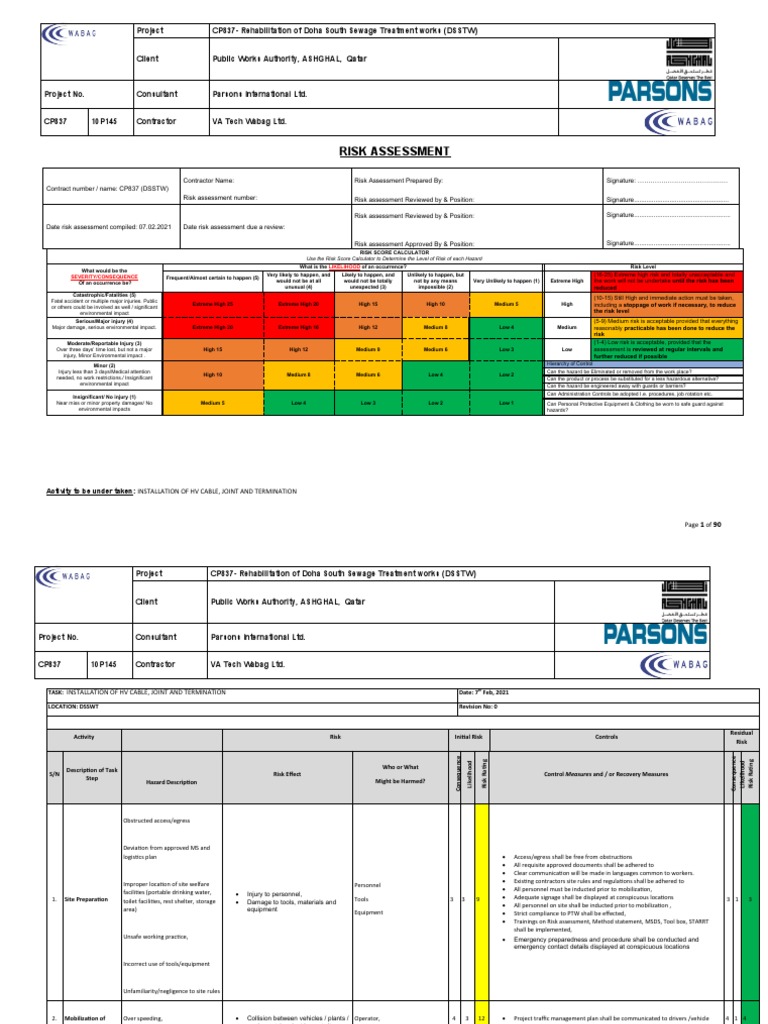 Risk Assessment - HV 11kV Cable, Joint & Termination | Download Free ...