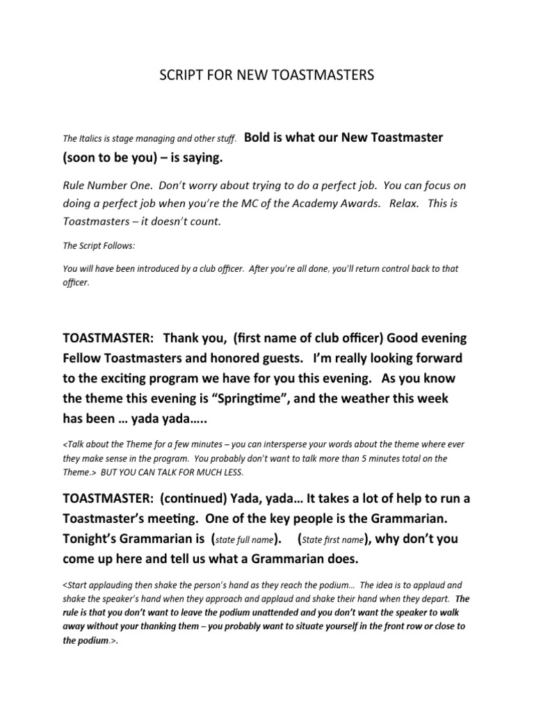 Sample Toastmaster Script | PDF