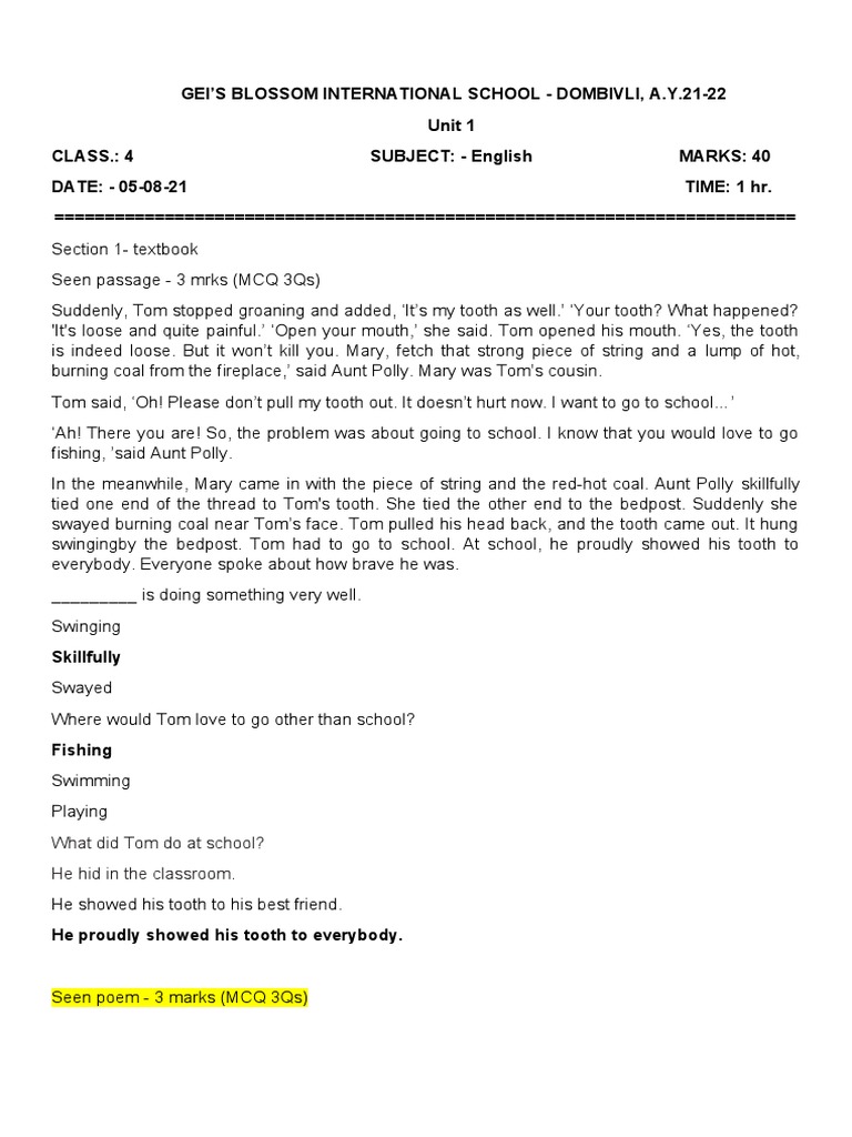 Class 4-English-Unit 1 - Answer Key | PDF | Noun