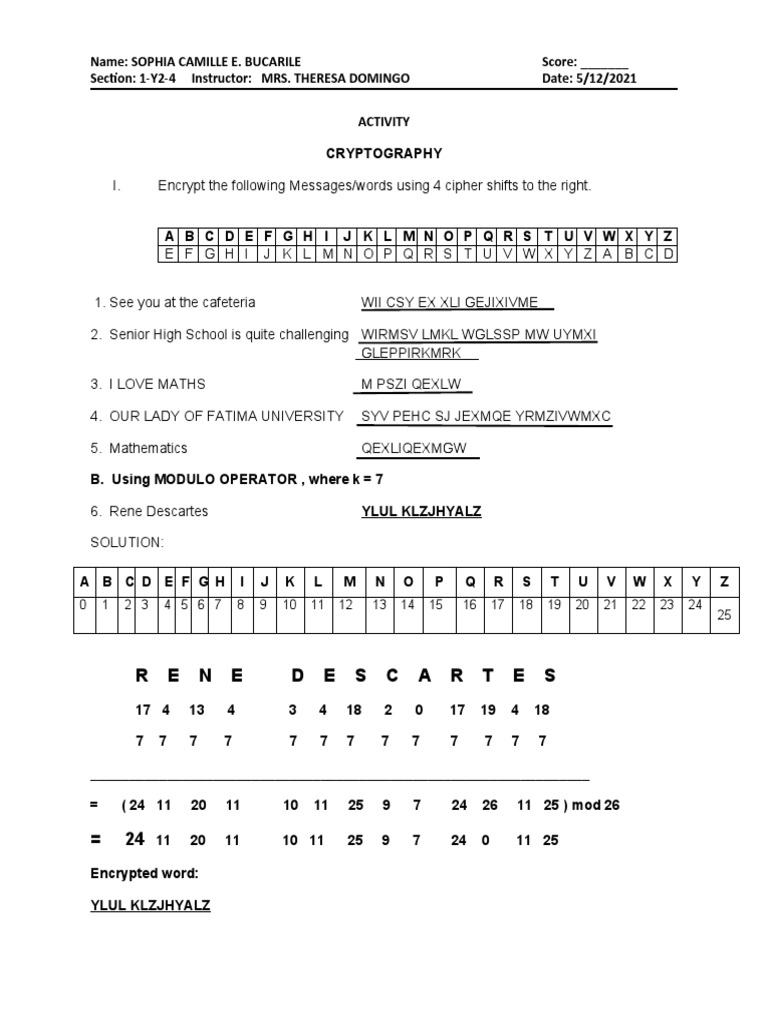 Cryptography Activity: Shifts & Modulo | PDF | Cipher | Cryptography