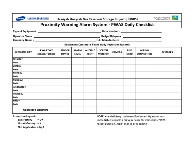 Proximity Warning Alarm System - PWAS Daily Checklist: Hawiyah Unayzah ...