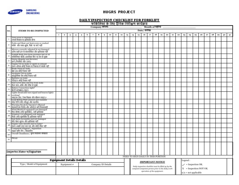 HUGRS Daily Inspection Checklist For Fork Lift | PDF