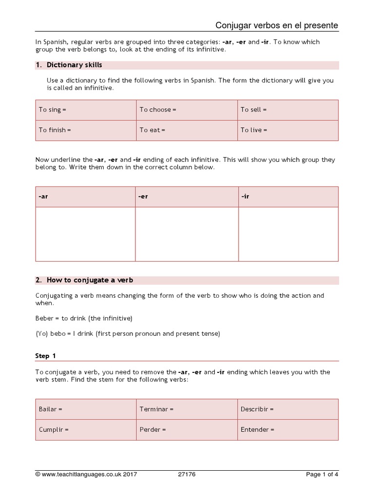 Dictionary Skills: Conjugar Verbos en El Presente | PDF | Grammatical ...