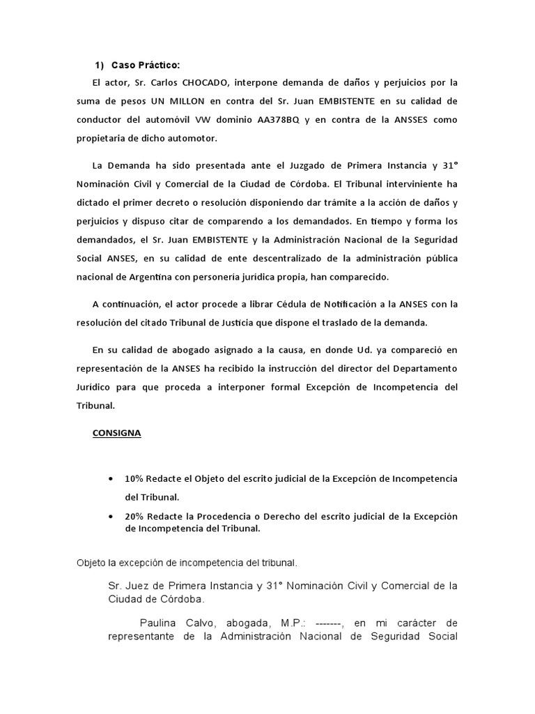 Caso y Modelo de Excepción de Incompetencia | PDF | Demanda judicial ...