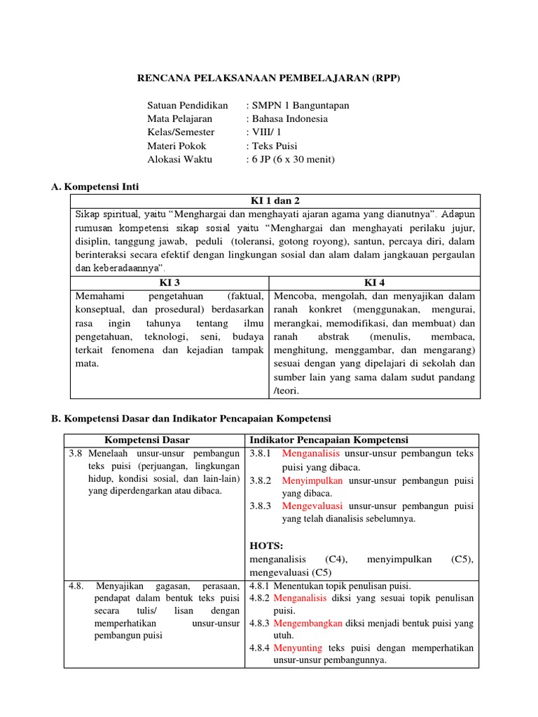 RPP Top Unsur Pembangun Puisi | PDF