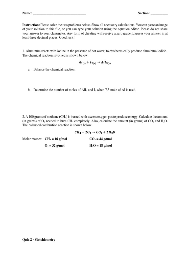 Quiz 2 - Stoichiometry | PDF