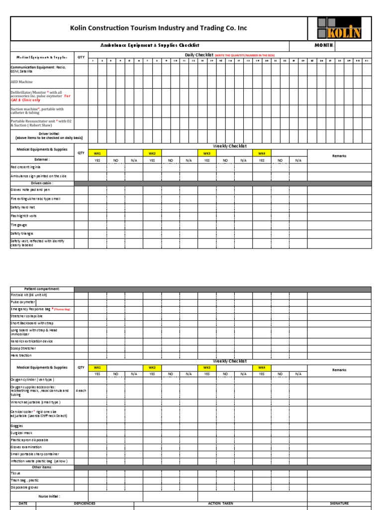 Ambulance Equipment Supplies Checklist | Download Free PDF | Medical ...
