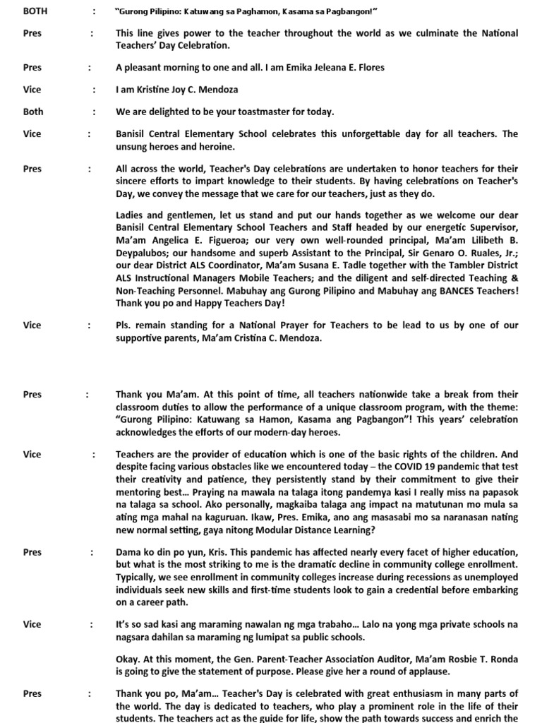 WTD 2021 English Script | PDF | Teachers