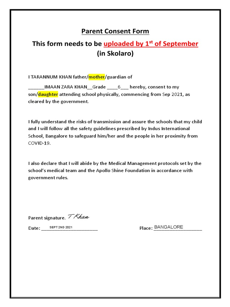 Parent Consent Form - Back To School - Sept To Oct | PDF