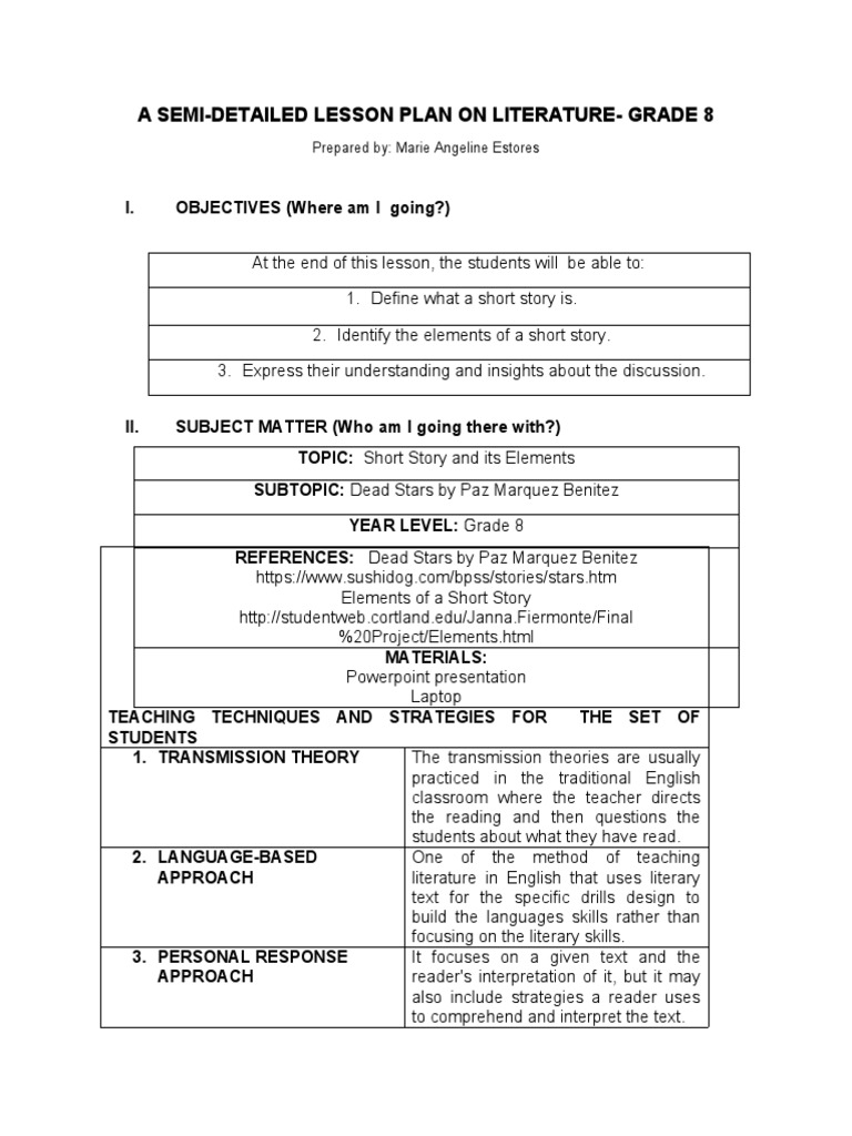 Semi Detailed Lesson Plan | PDF | Narration | Plot (Narrative)
