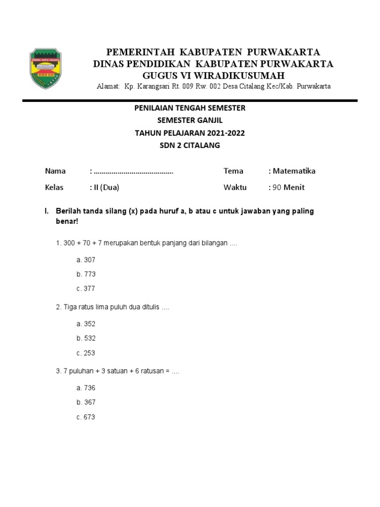 Soal PTS Matematika Kelas 2b | PDF