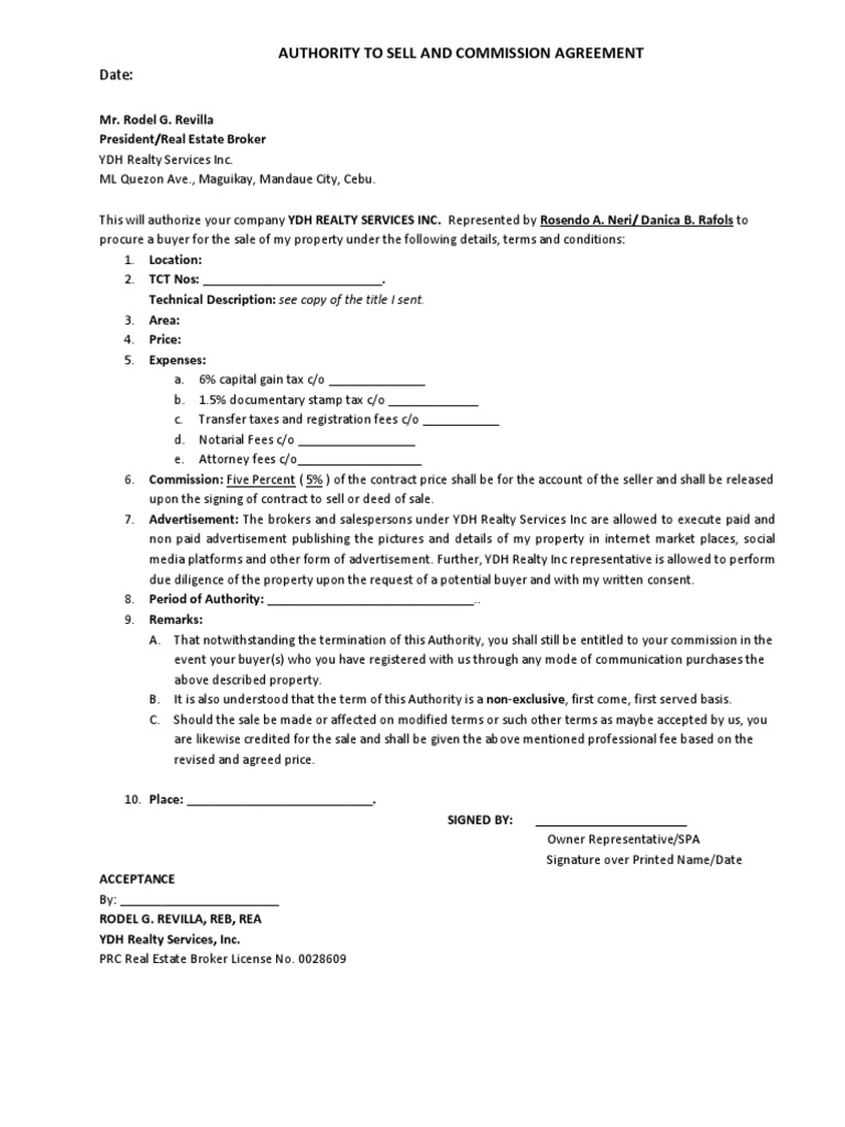 Authority To Sell Letter | PDF | Real Estate Broker | Common Law