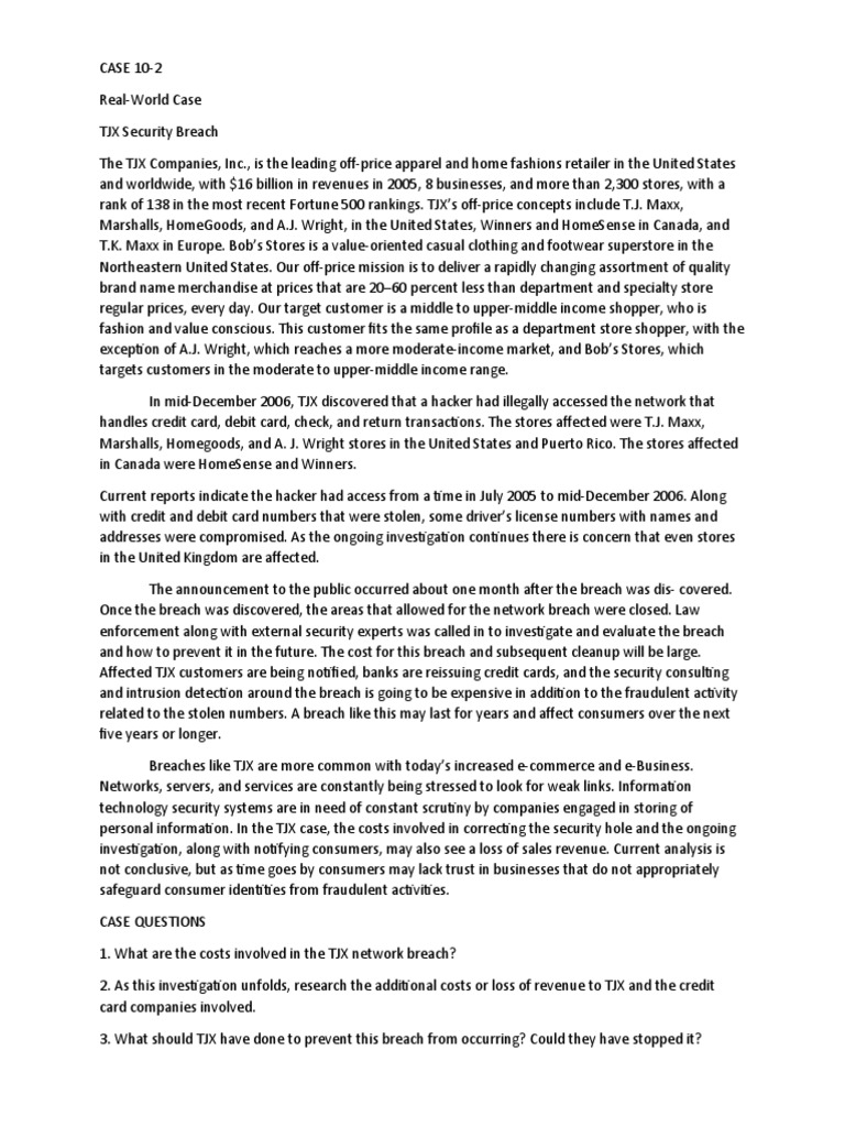 CASE 10-2 Real World Case TJX Security Breach | PDF | Business | Economies
