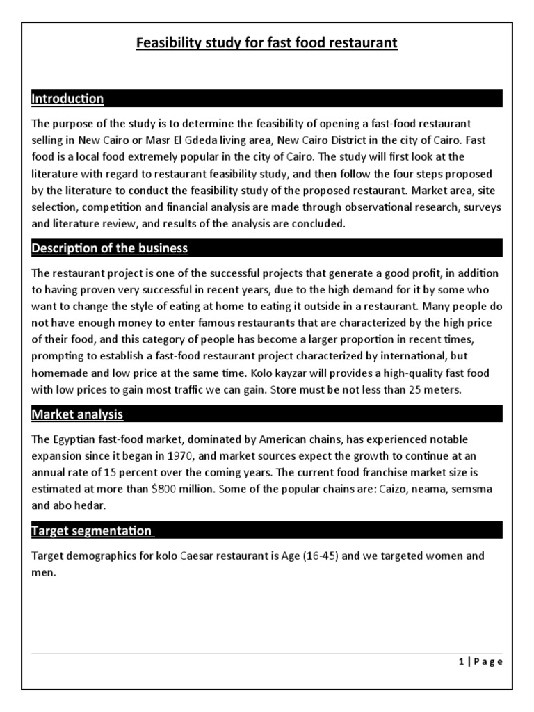 Feasibility Study For Fast Food Restaurant: 1 - Page | PDF | Fast Food ...