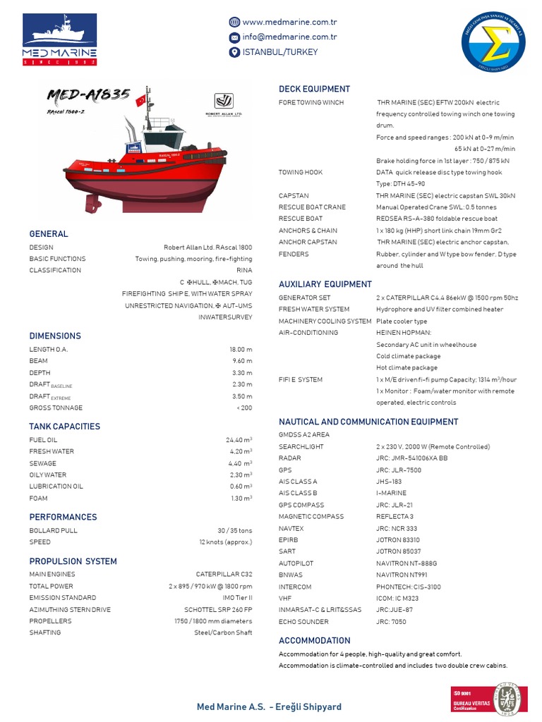 Tugboat Specifications Guide | PDF | Marine Propulsion | Manufactured Goods