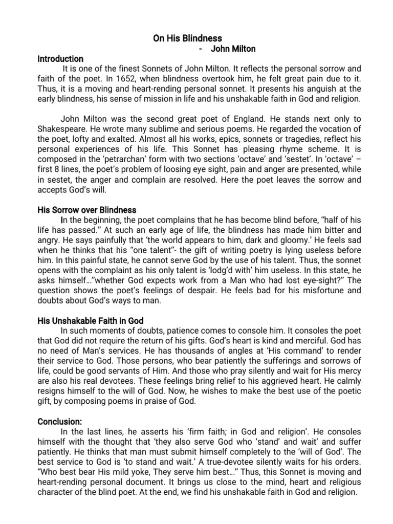 On His Blindness | PDF | Poetry | Sonnets