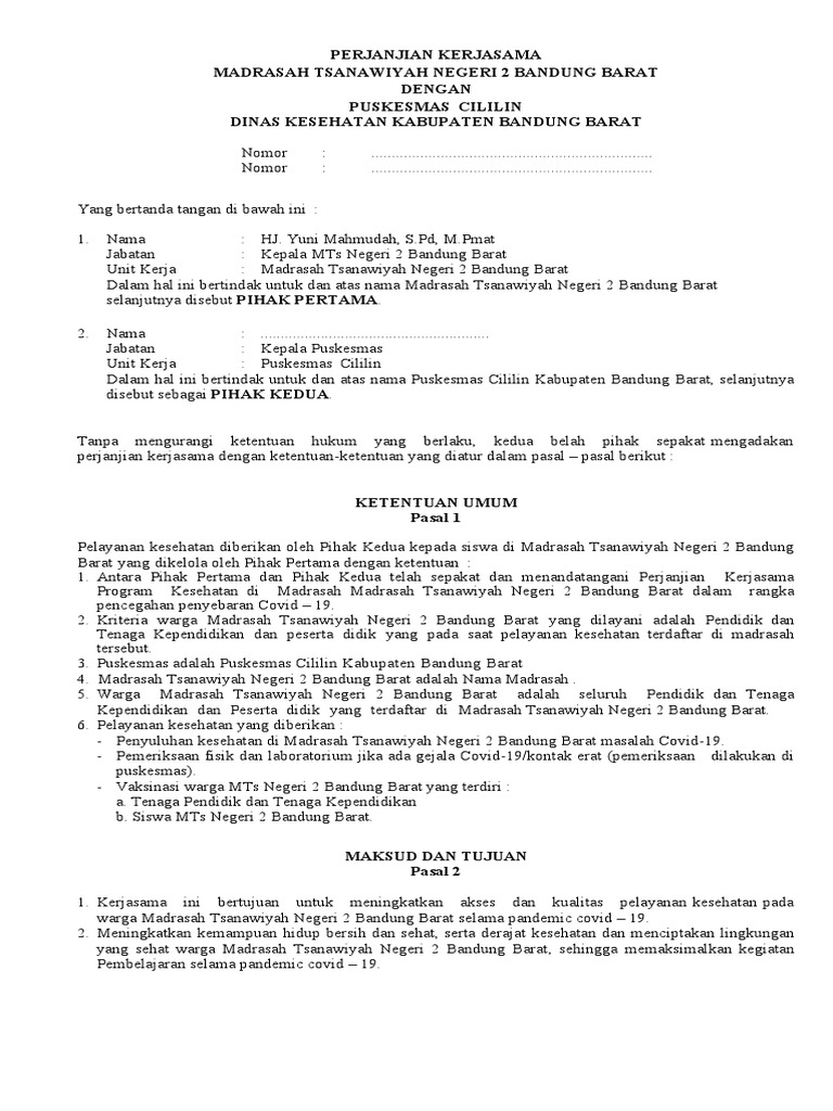 Perjanjian Kerjasama Dengan Puskesmas Pdf