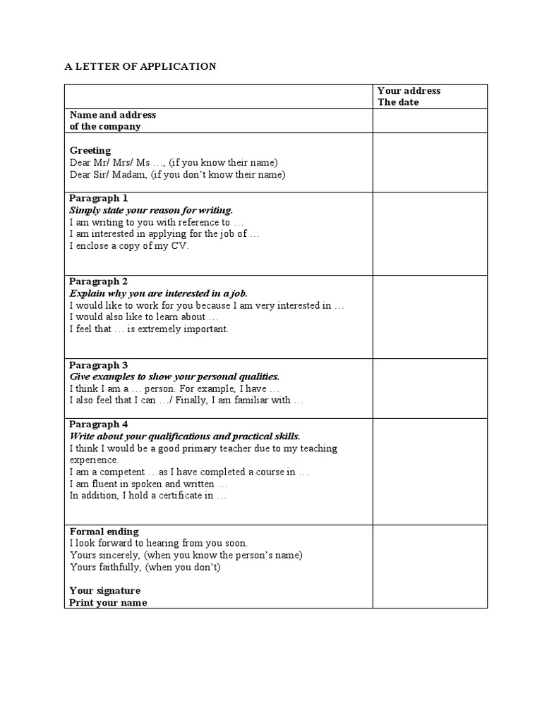 A Letter of Application Your Address The Date Name and Address of The ...