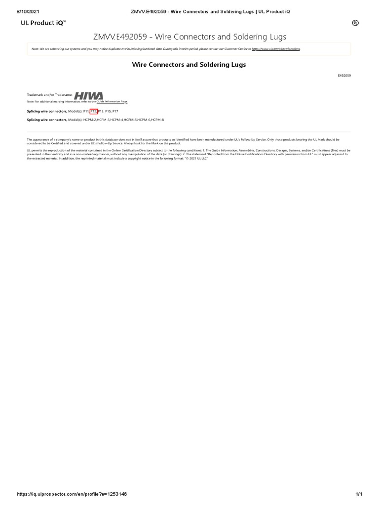 ZMVV.E492059 - Wire Connectors and Soldering Lugs - UL Product Iq | PDF
