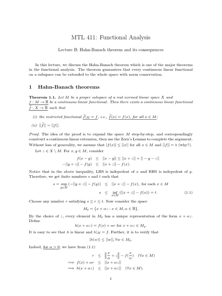 MTL 411: Functional Analysis: 1 Hahn-Banach Theorems | PDF | Functional Analysis | Topology