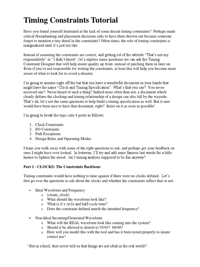 Timing Constraints Tutorial Part 1 Clocks The Constraints Backbone Pdf Computer Science