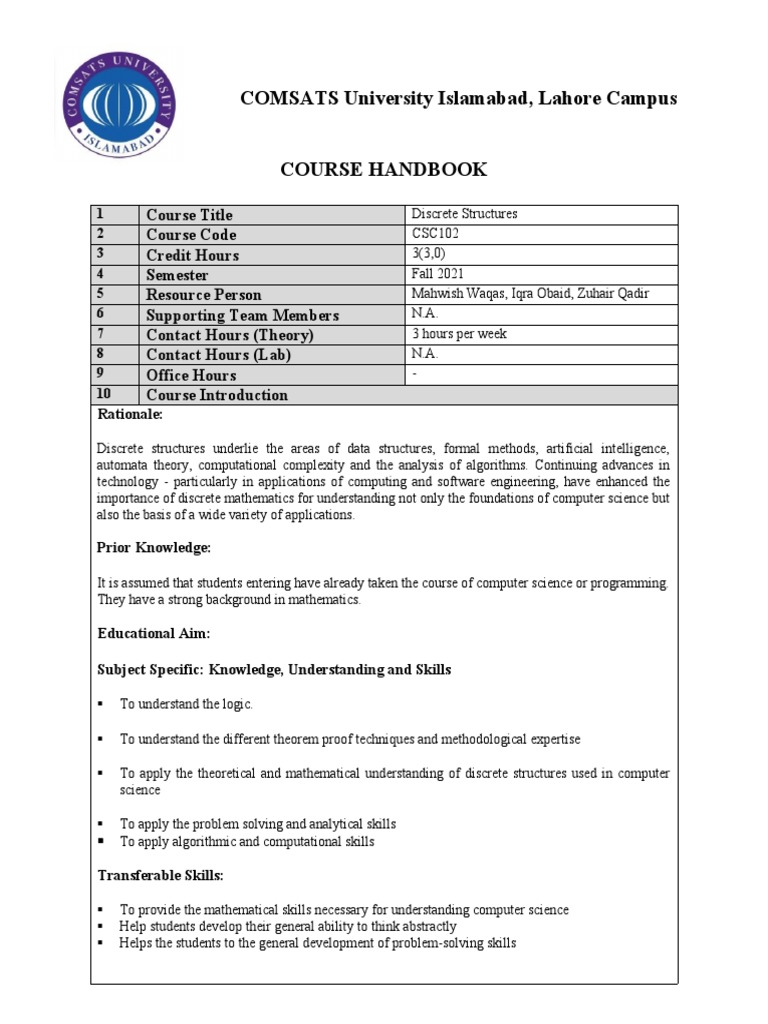 CSC102 - Discrete Structure - COURSE - HANDBOOK - FALL 2021 | PDF | Set ...
