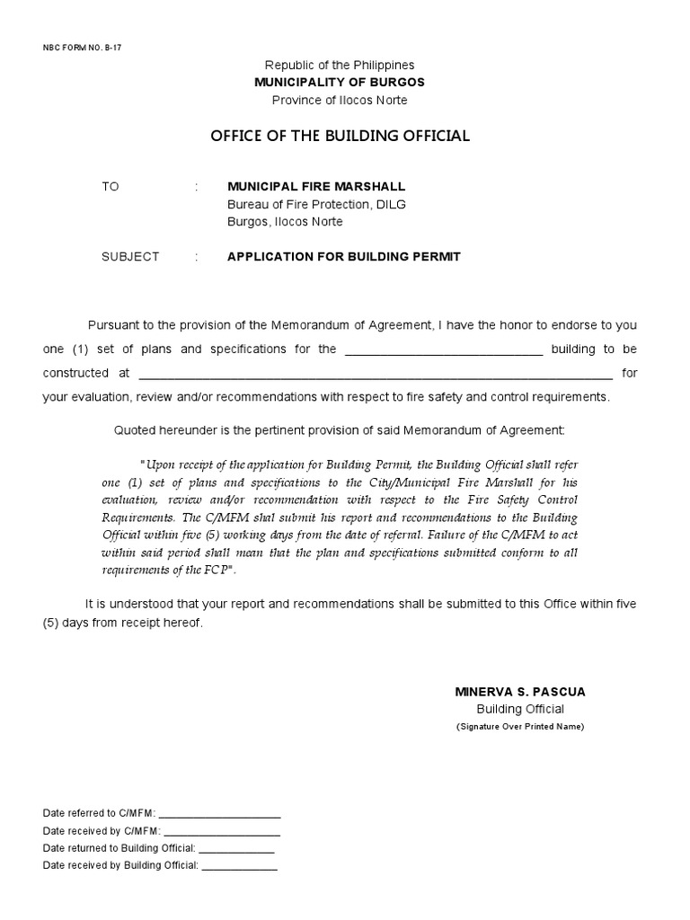 Application For Building Permit (Indorsement To BFP) | PDF