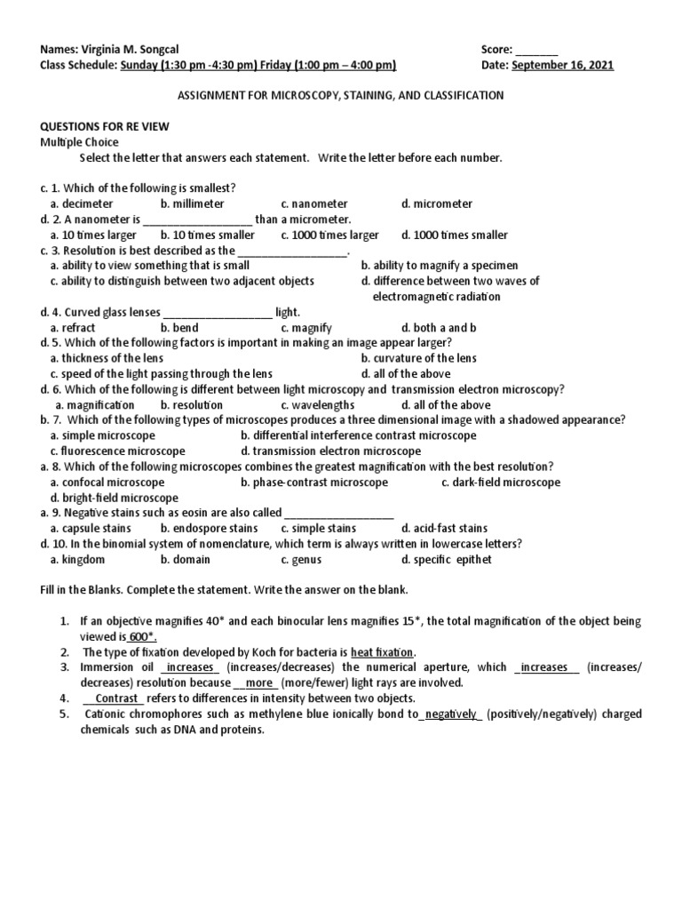 Assignment For Microscopy, Staining, and Classification | PDF ...