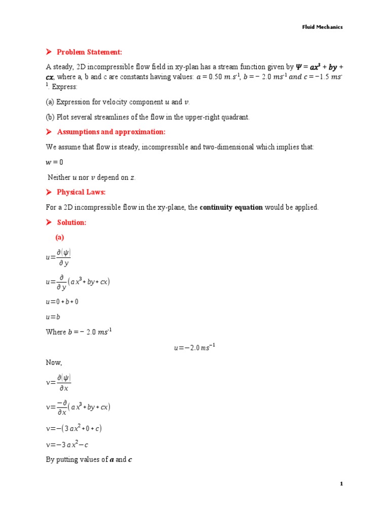 Problem Statement:: u= ∂ (ψ) ∂ y u= ∂ ∂ y ax by+ cx) u=0+b+ 0 u=b | PDF ...