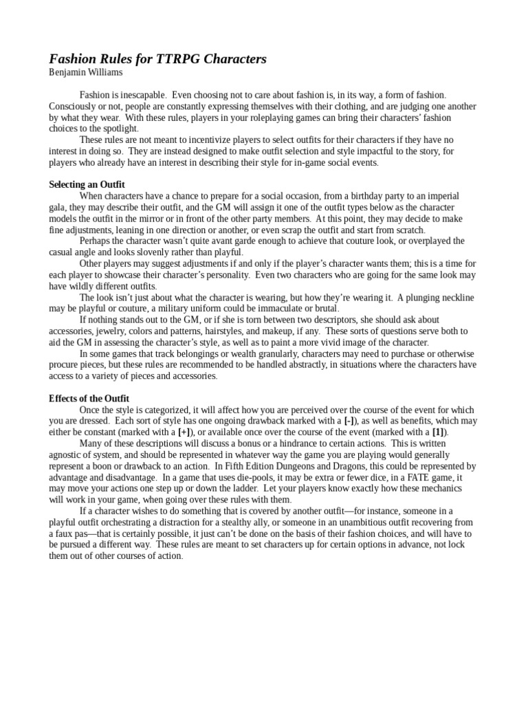RPG Fashion Rules | PDF | Clothing | Tabletop Role Playing Game