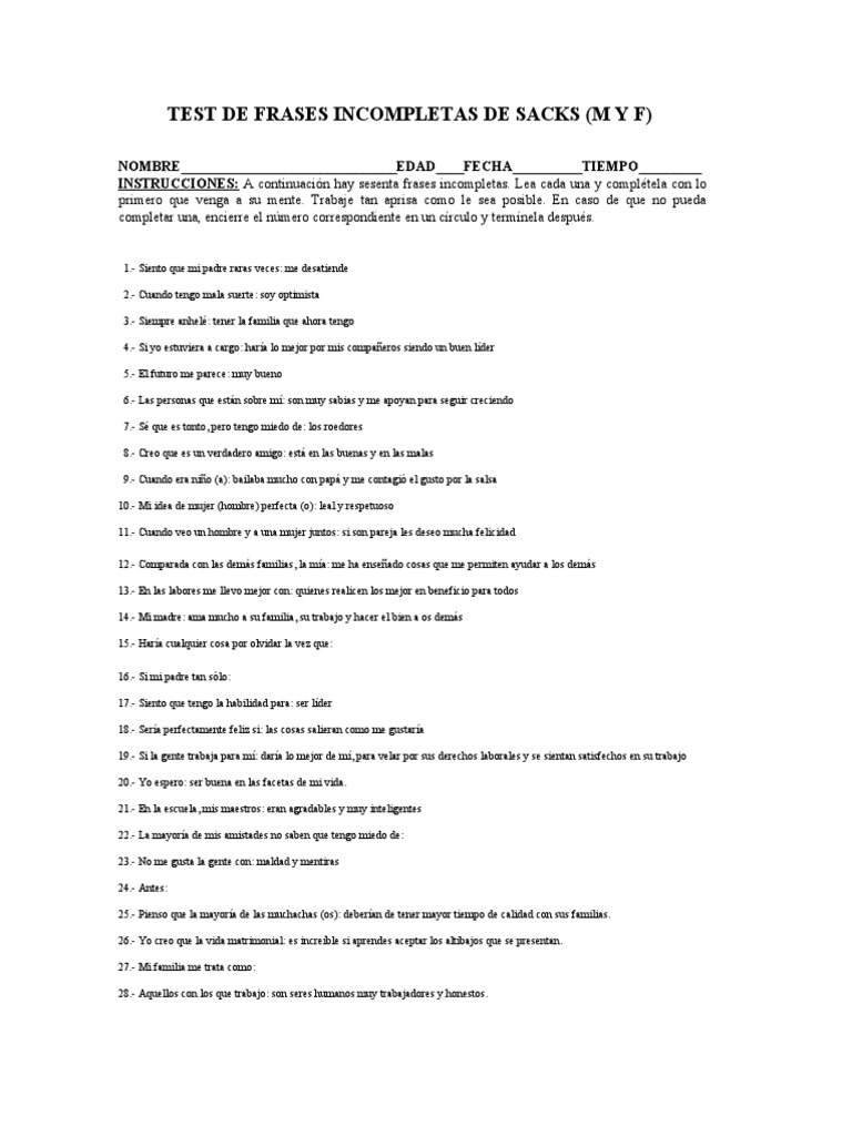 Test Sacks para Adultos | PDF
