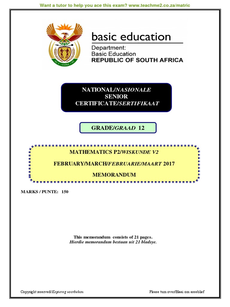 Mathematics P2 Feb-March 2017 Memo Afr & Eng | PDF | Trigonometric ...
