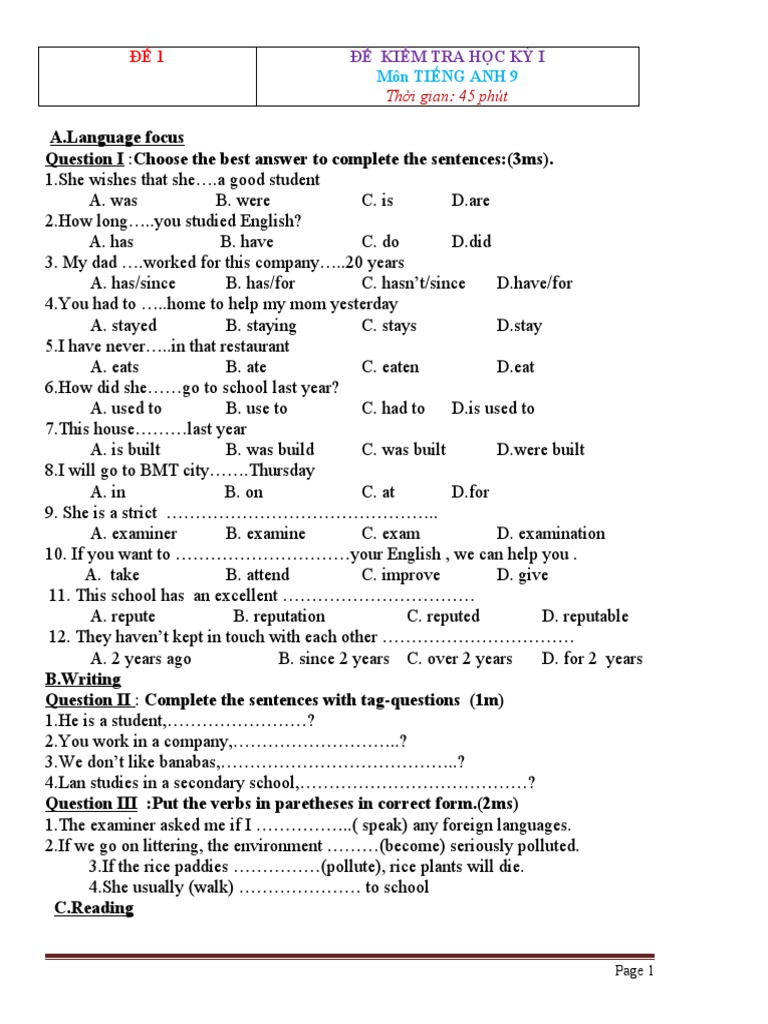 15 de Thi HK 1 Tieng Anh 9 Co Dap An | PDF | Adolescence | Internet