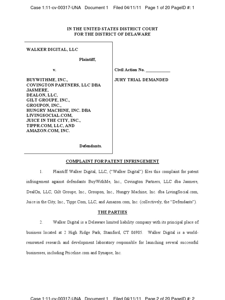 Walker Digital v. BuyWithMe Inc. Et Al. Patent Complaint | PDF | Doctrine Of Equivalents ...