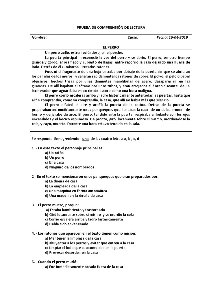 Comprensión de Lectura, El Perro | PDF