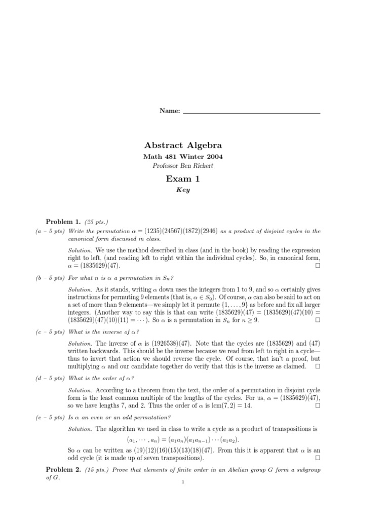 Exam1solutions Abstract Algebra | PDF | Group (Mathematics) | Permutation