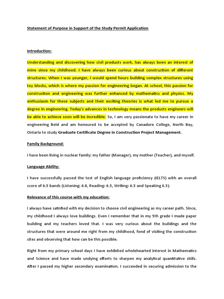 Statement of Purpose in Support of The Study Permit Application | PDF ...