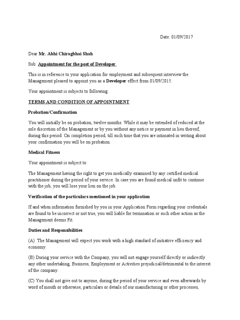 Appointment Letter | PDF | Employment | Common Law