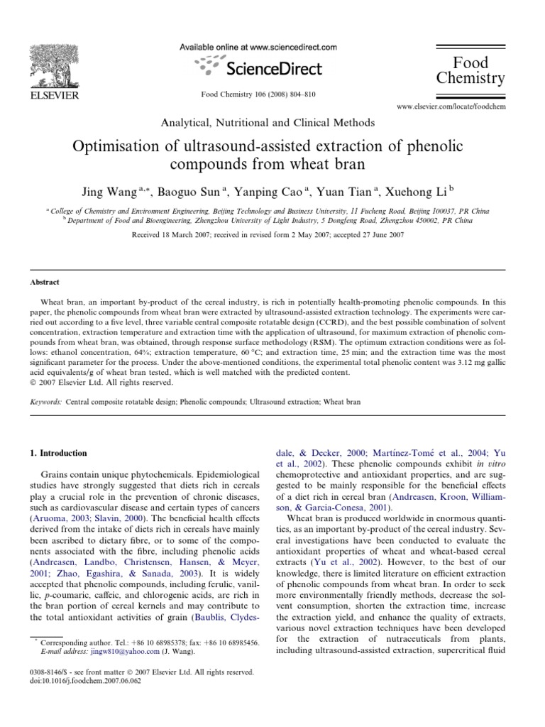 Wang2008 - Optimisation of Ultrasound-Assisted Extraction of Phenolic Compounds From Wheat Bran ...