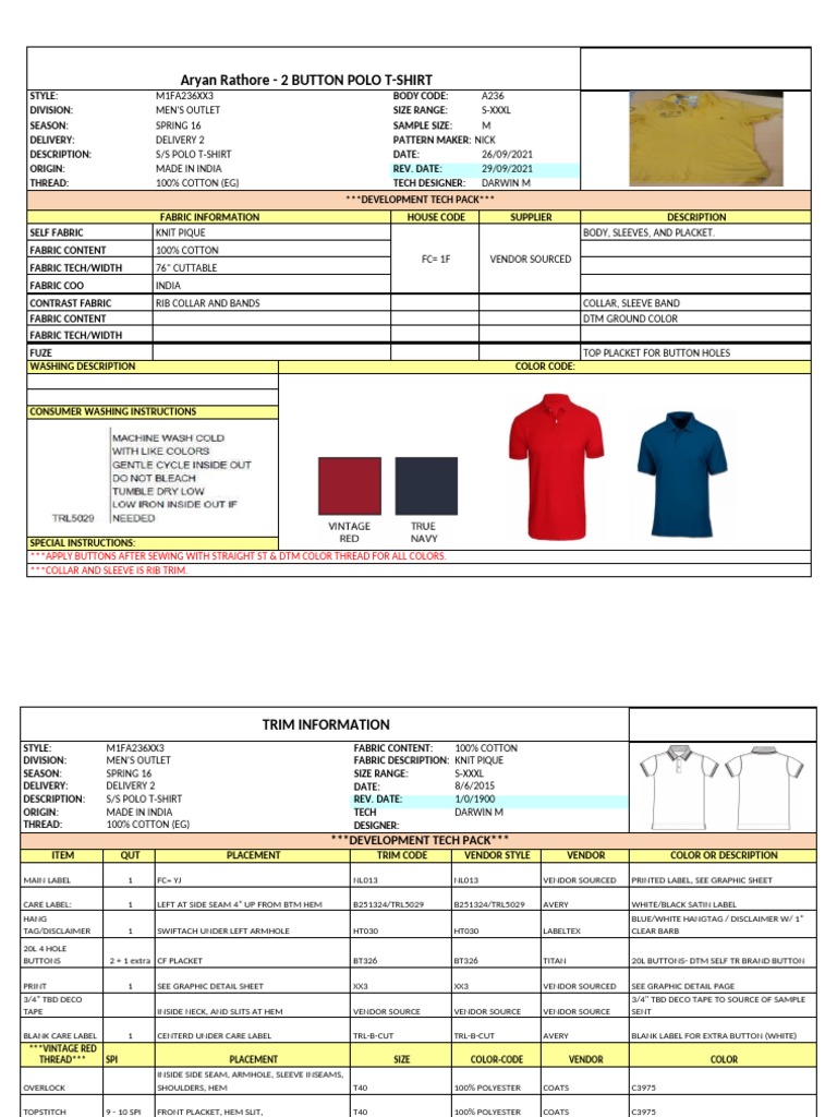 Men's Spring 16 Polo T-Shirt Tech Pack | PDF | Seam (Sewing) | T Shirt